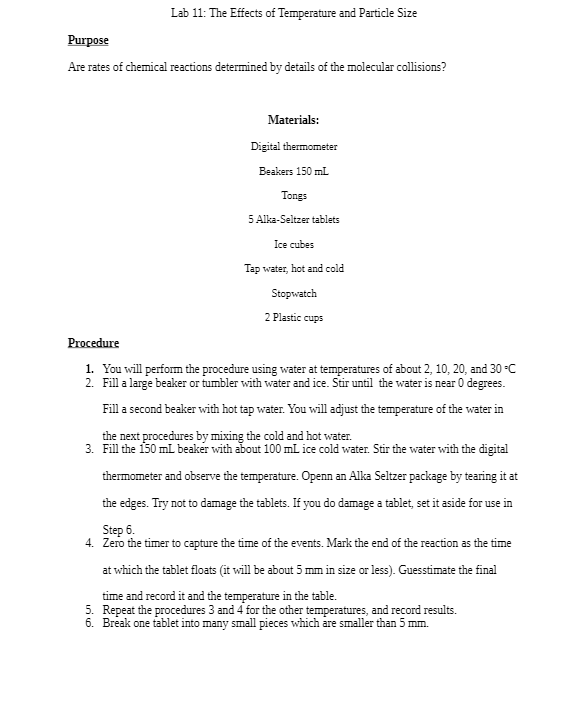 Lab 11: The Effects of Temperature and Particle Size | Chegg.com
