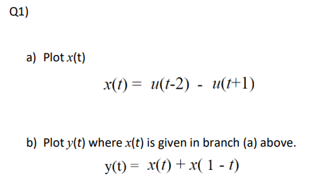 Solved Q1) a) Plot x(t) X(t) = u(t-2) - ult+1) b) Plot y(t) | Chegg.com