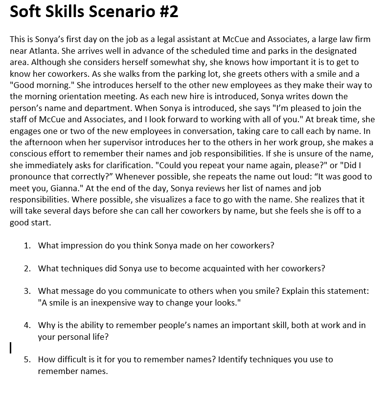 Solved Soft Skills Scenario #2 This is Sonya's first day on | Chegg.com