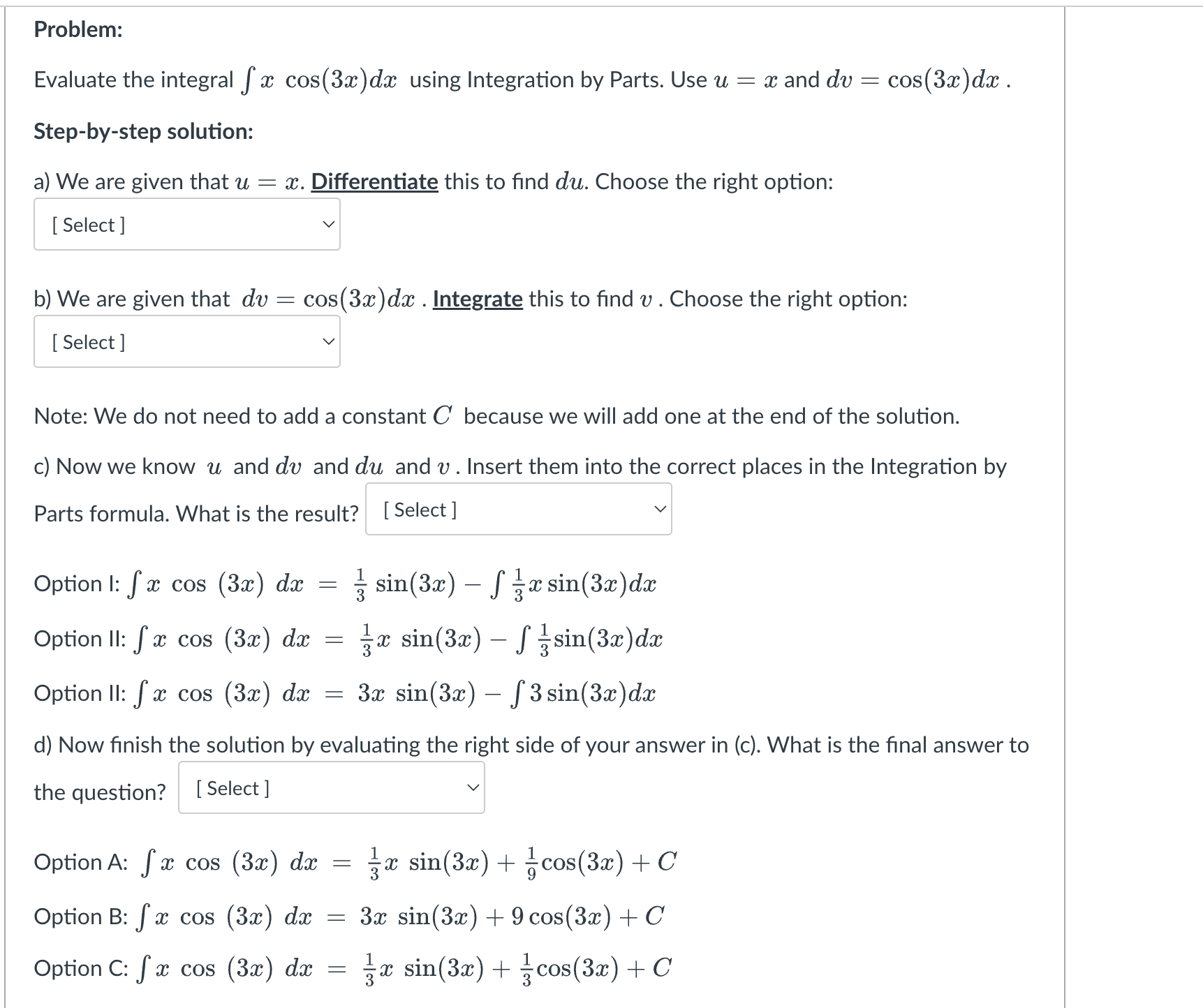 Solved Problem:Evaluate the integral ∫﻿﻿xcos(3x)dx ﻿using | Chegg.com