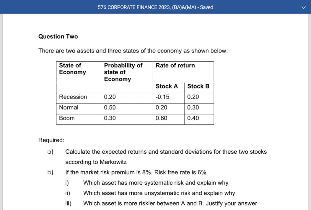 Solved There are two assets and three states of the economy | Chegg.com