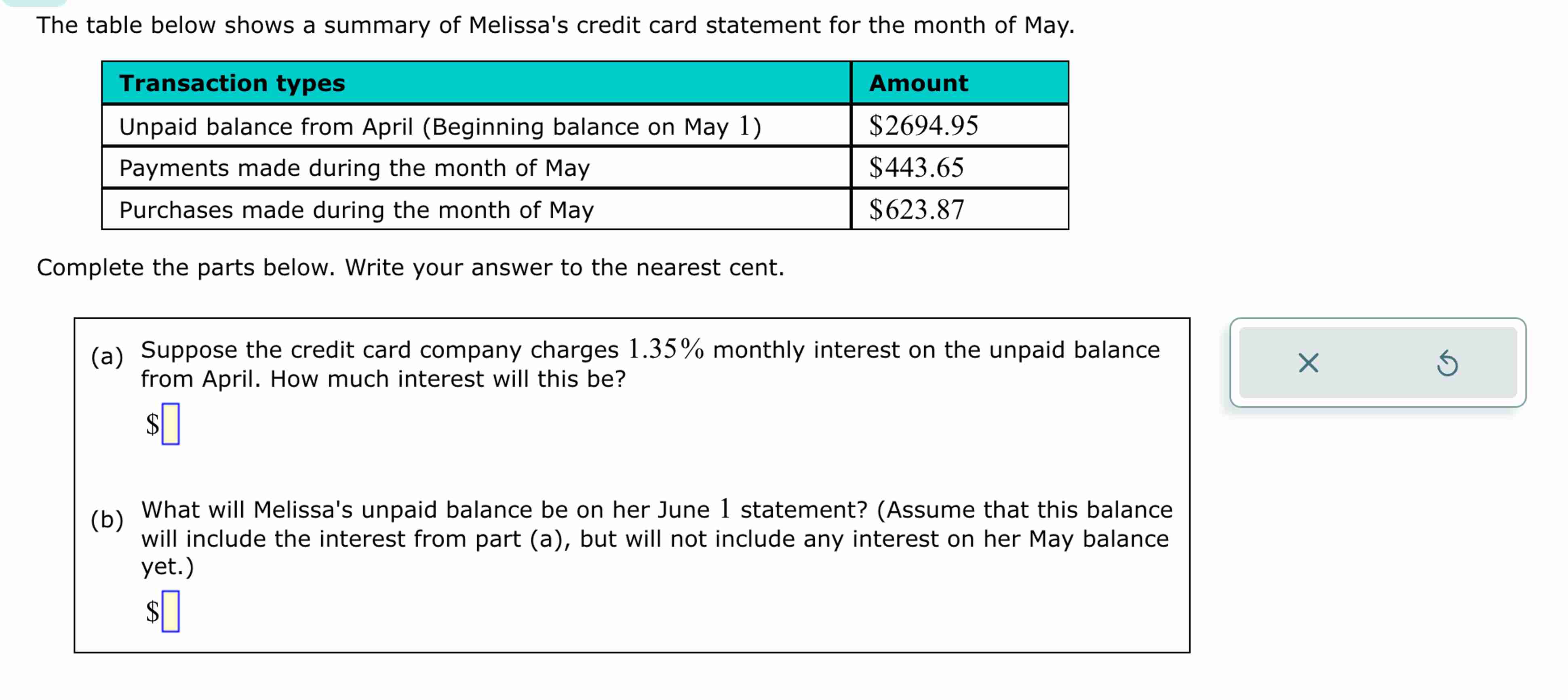 Solved The table below shows a summary of Melissa's credit | Chegg.com