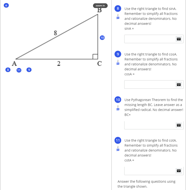 Solved zoom in B 8 Use the right triangle to find sinA. | Chegg.com