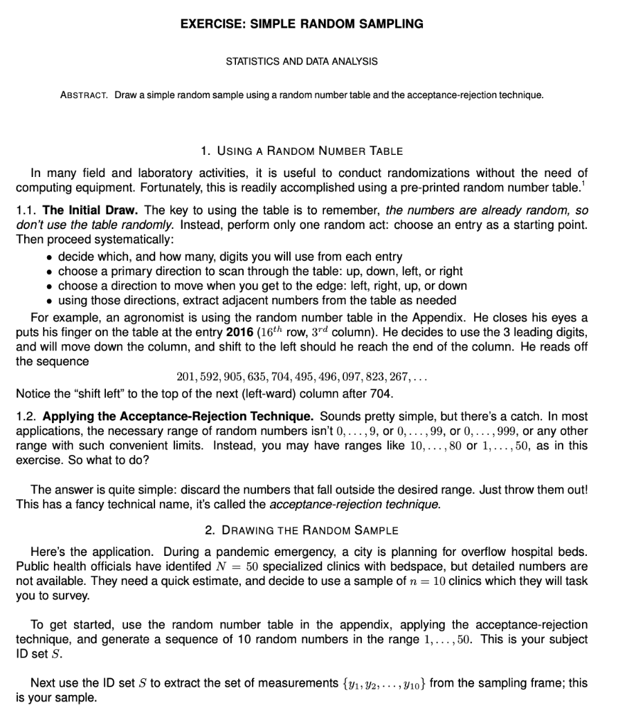 EXERCISE: SIMPLE RANDOM SAMPLING STATISTICS AND DATA | Chegg.com