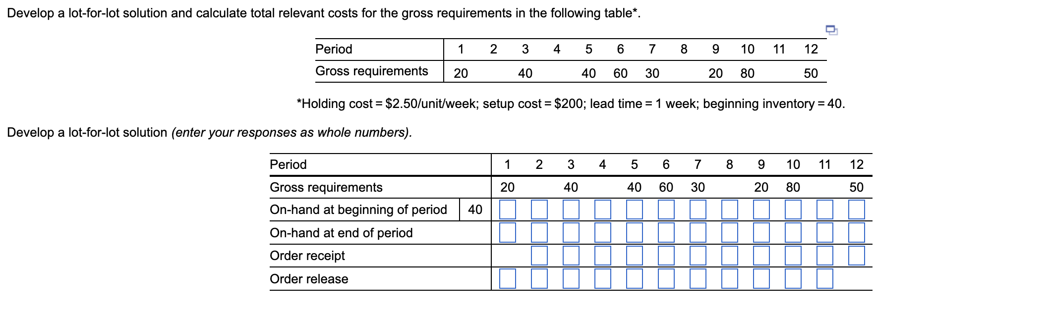 Solved *Holding cost =$2.50/ unit/week; setup cost =$200; | Chegg.com