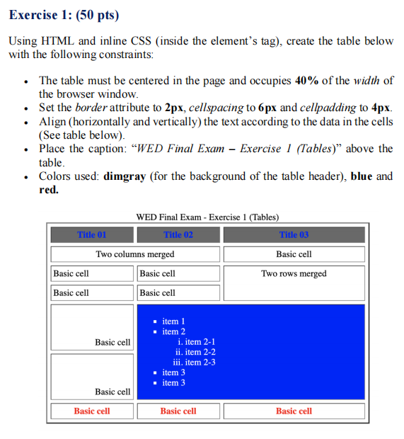 Solved Exercise 1: (50 pts) Using HTML and inline CSS | Chegg.com