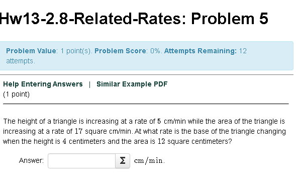Solved Hw13-2.8-Related-Rates: Problem 5 Problem Value: 1 | Chegg.com Solved Hw13-2.8-Related-Rates: Problem 5 Problem Value: 1 | Chegg.com