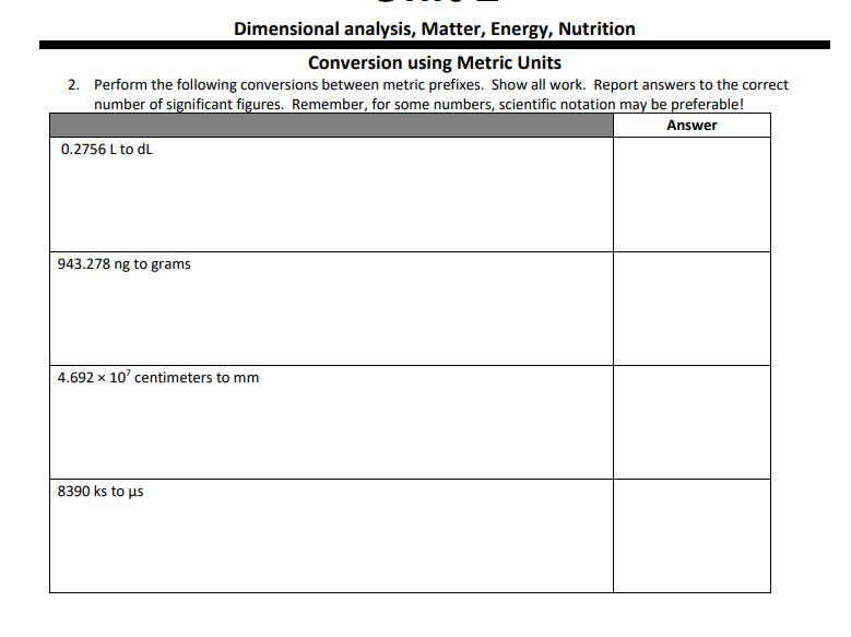 Solved Dimensional analysis, Matter, Energy, Nutrition | Chegg.com