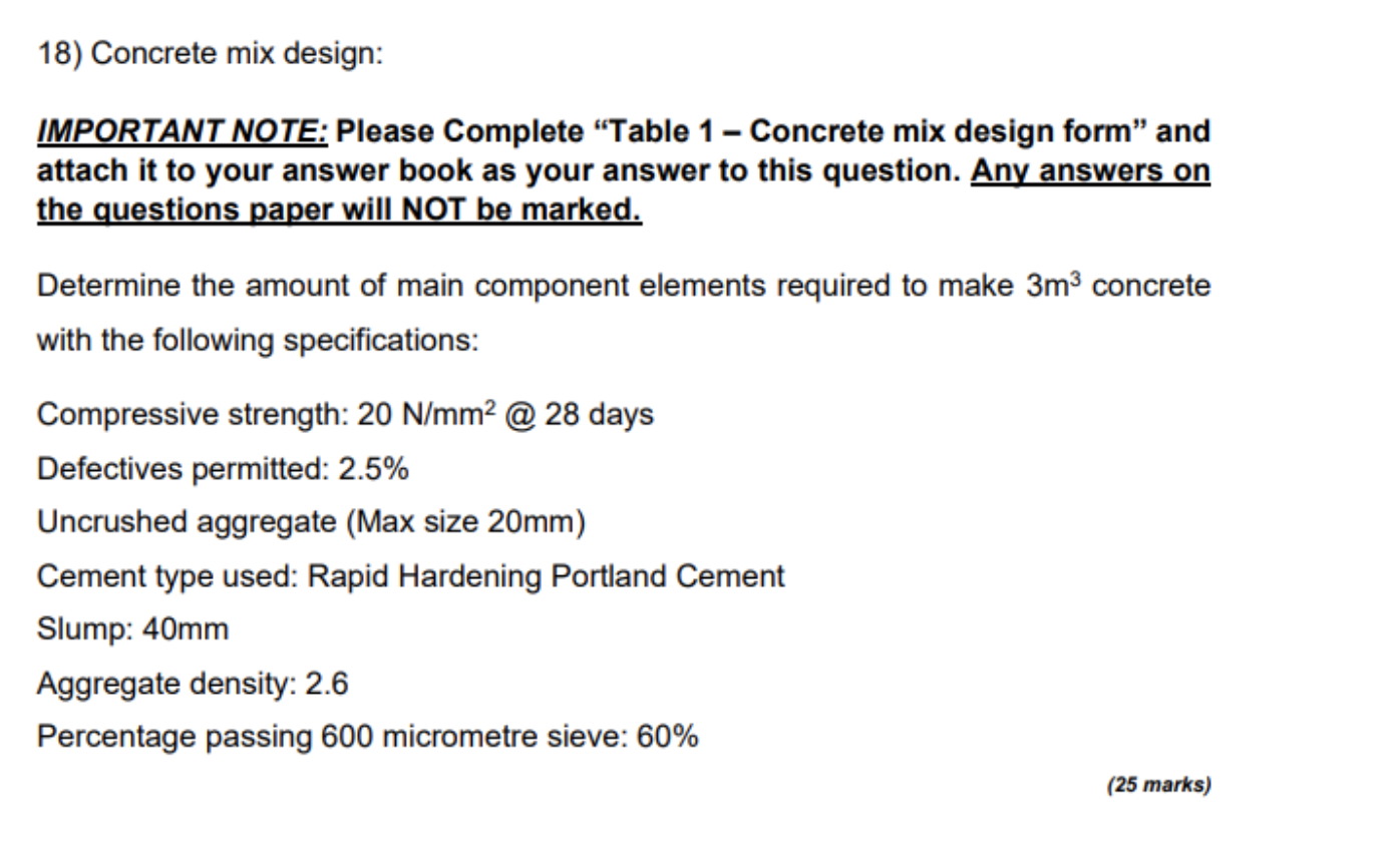 Solved 18) Concrete mix design: IMPORTANT NOTE: Please | Chegg.com