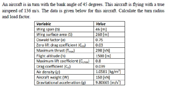Solved An aircraft is in turn with the bank angle of 45 | Chegg.com