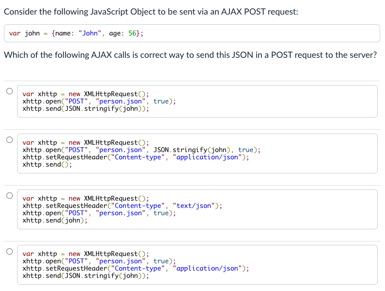 Solved Consider the following JavaScript Object to be sent | Chegg.com