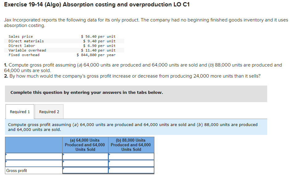 Solved Exercise 19-14 (Algo) Absorption costing and | Chegg.com