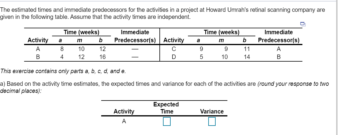 Solved The estimated times and immediate predecessors for | Chegg.com