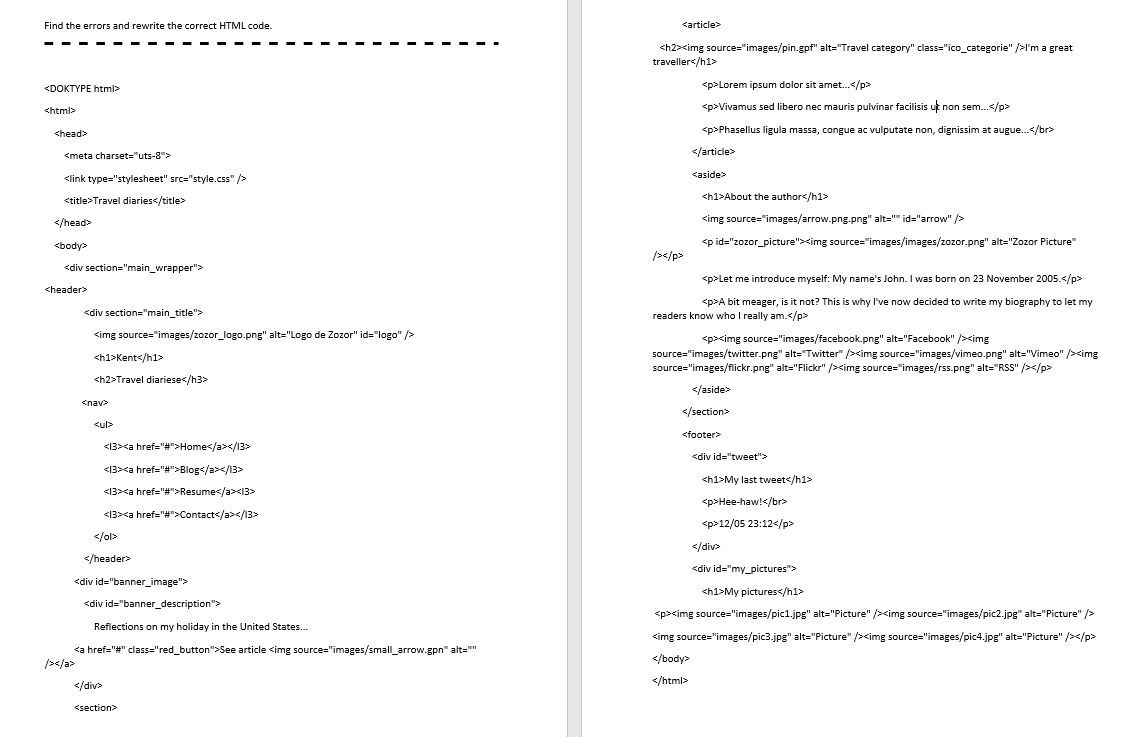 Solved Find the errors and rewrite the correct HTML code. | Chegg.com