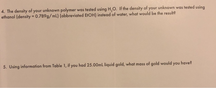 Solved 4. The density of your unknown polymer was tested | Chegg.com