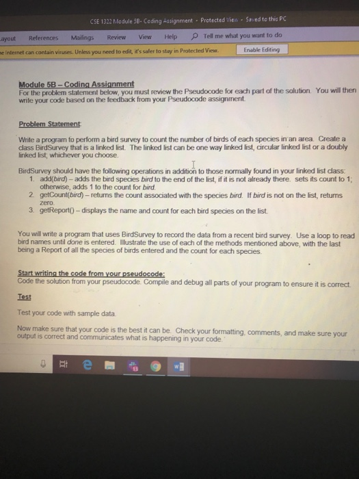 Solved CSE 1322 Module 58- Coding Assignment-Protected | Chegg.com
