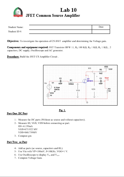 Lab 10 JFET Common Source Amplifier Date Student | Chegg.com