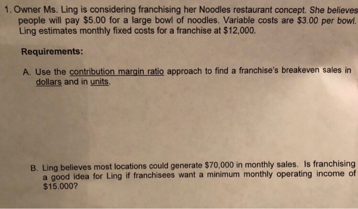 Solved 1. Owner Ms. Ling is considering franchising her | Chegg.com