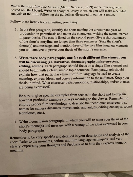 Solved Watch the short film Life Lessons (Martin Scorsese, | Chegg.com