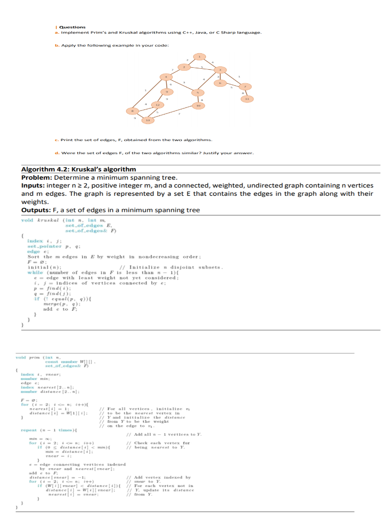 Solved I Questions a. Implement Prim's and Kruskal | Chegg.com