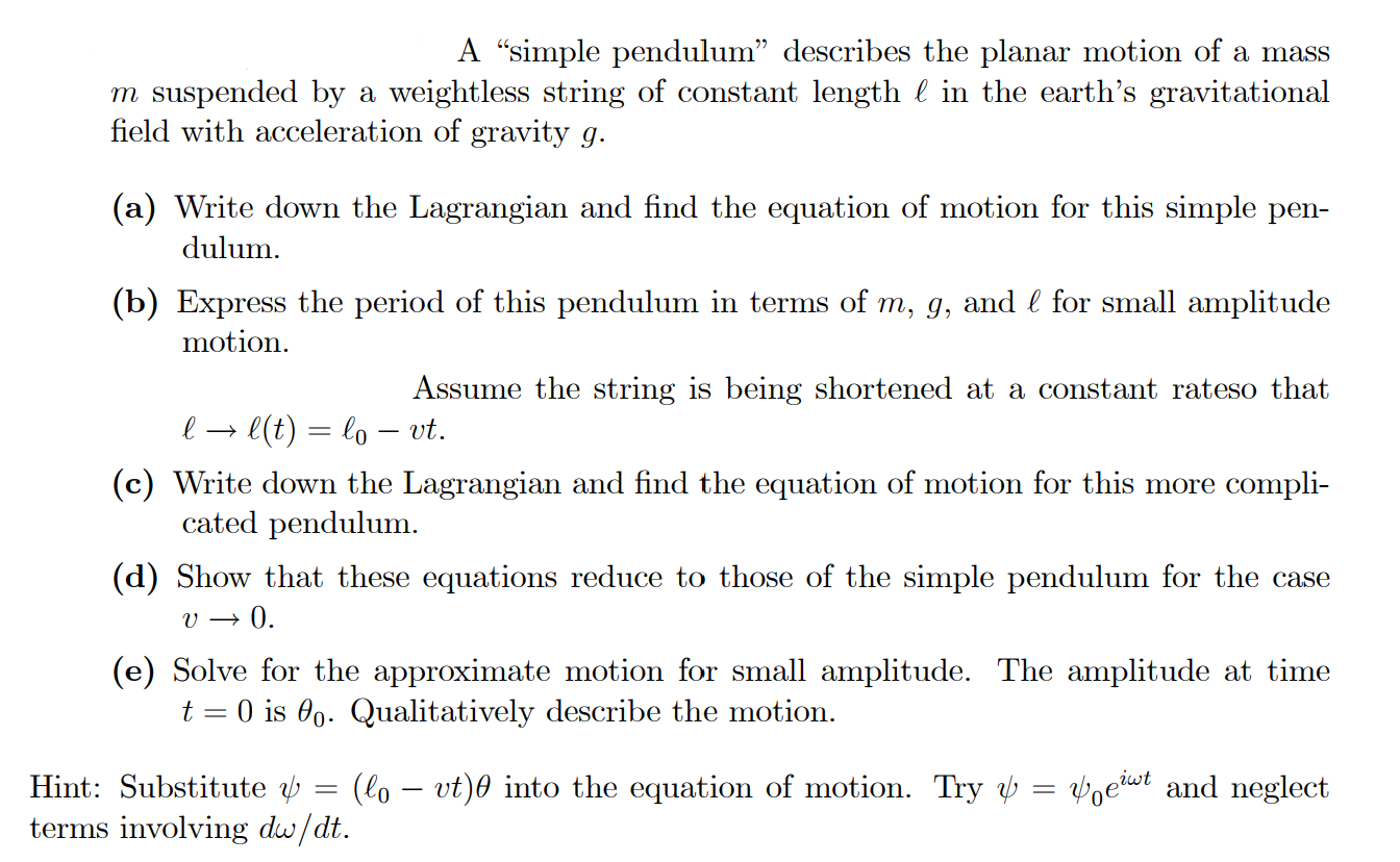 Solved A “simple pendulum” describes the planar motion of a | Chegg.com