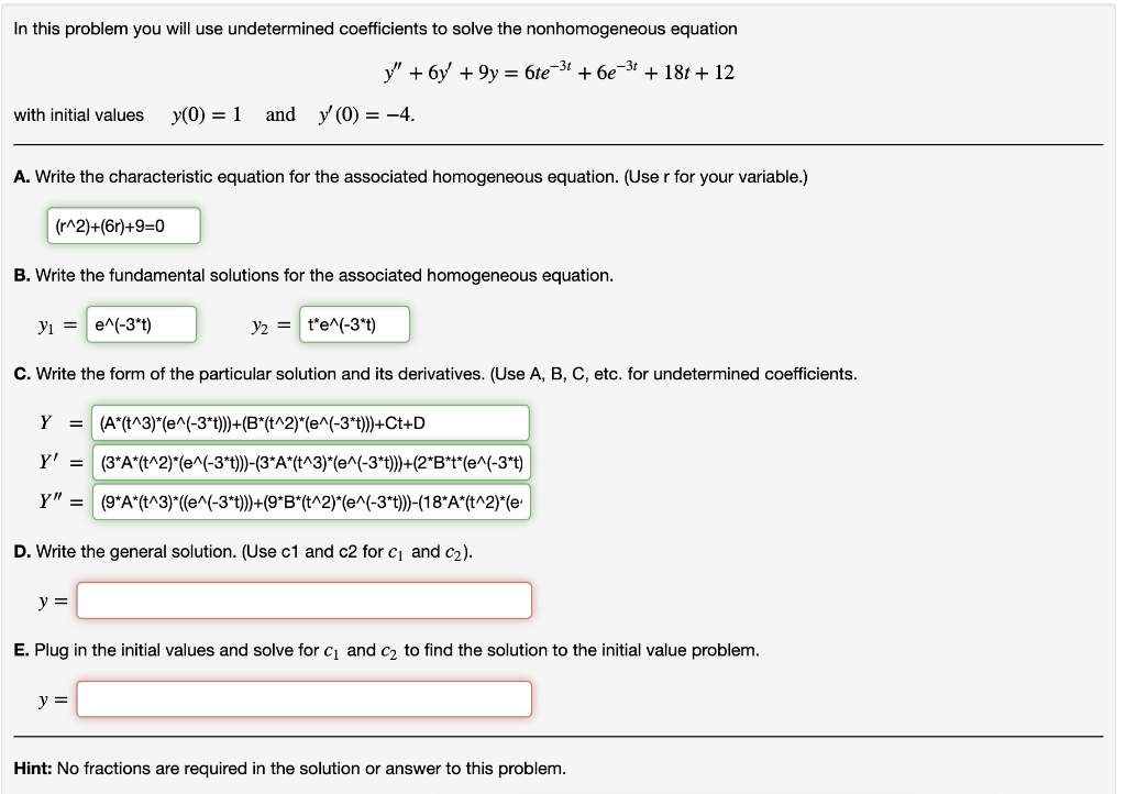 Solved Nonhomogenous diff eqn help Help with part D and E | Chegg.com