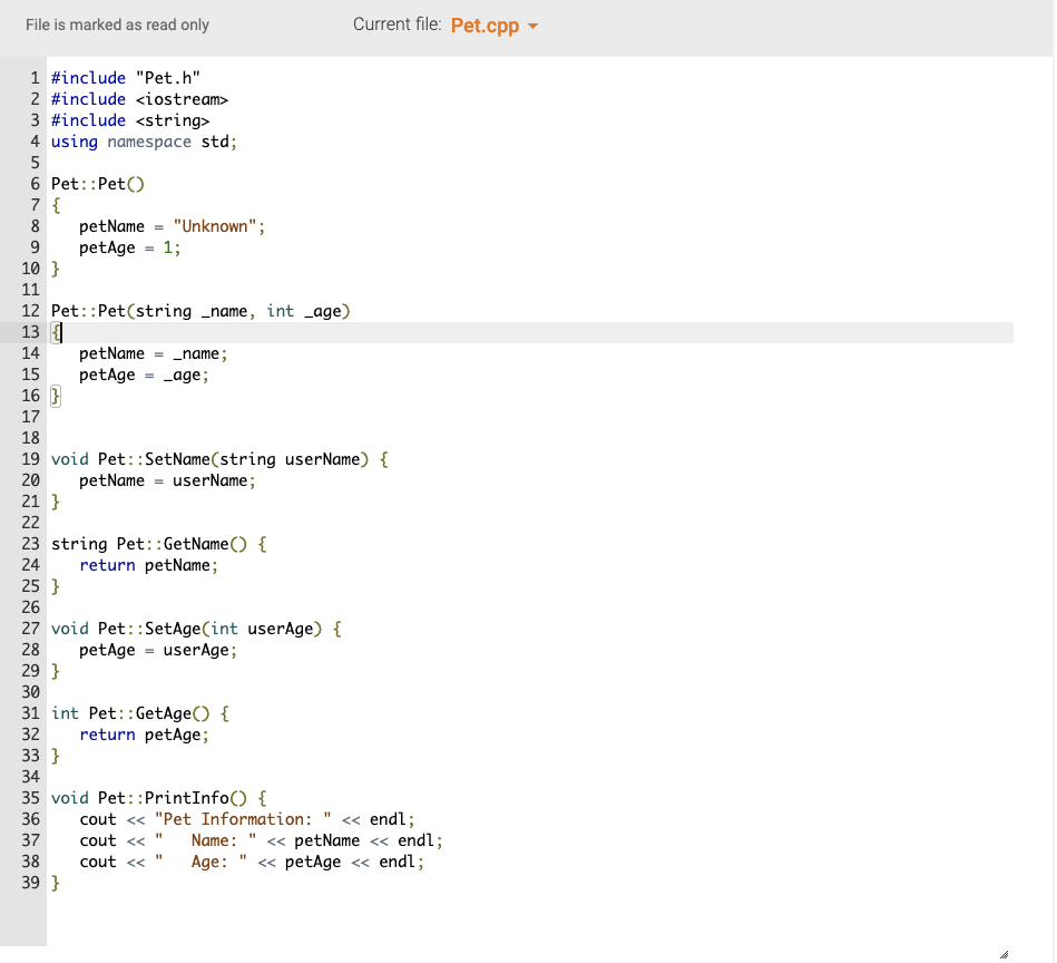 Solved 11.16 LAB: Pet information (derived classes and | Chegg.com
