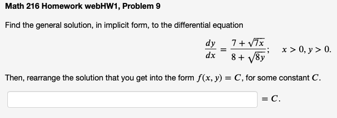 Solved Math 216 Homework webHW1, Problem 9 Find the general | Chegg.com
