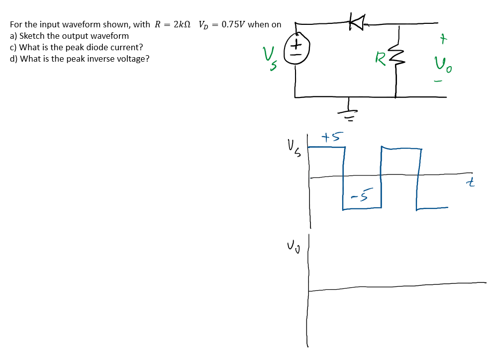 Solved For the input waveform shown, with R=2kΩ,VD=0.75V | Chegg.com