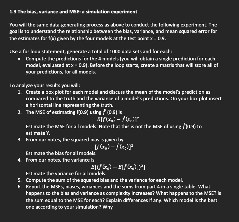 1.3 The bias, variance and MSE: a simulation | Chegg.com