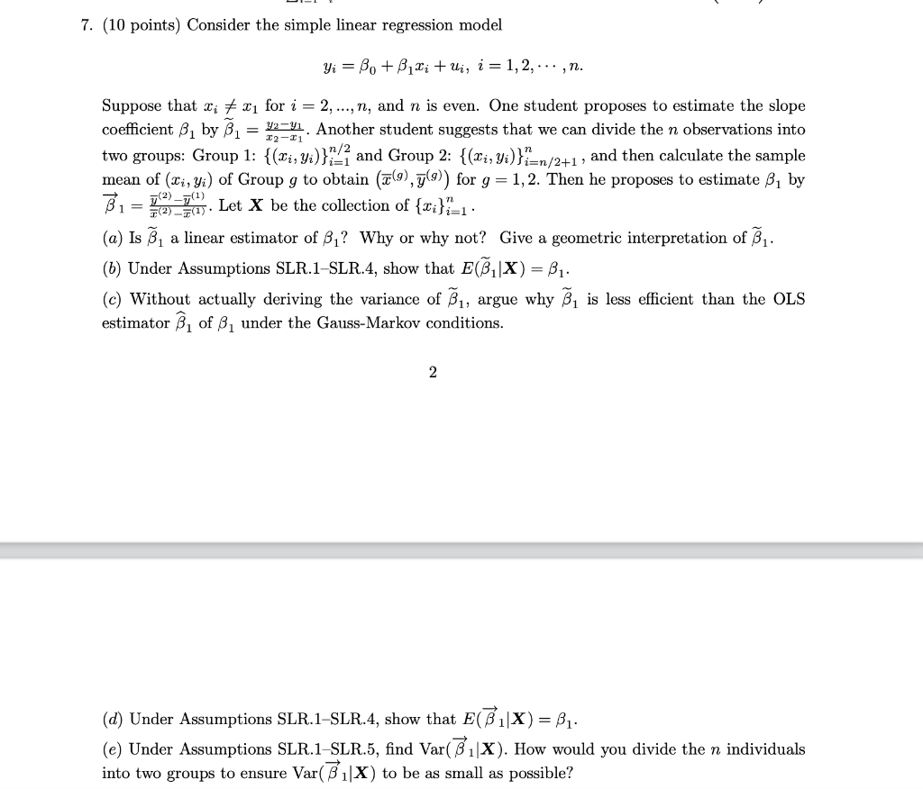 7. (10 points) Consider the simple linear regression | Chegg.com