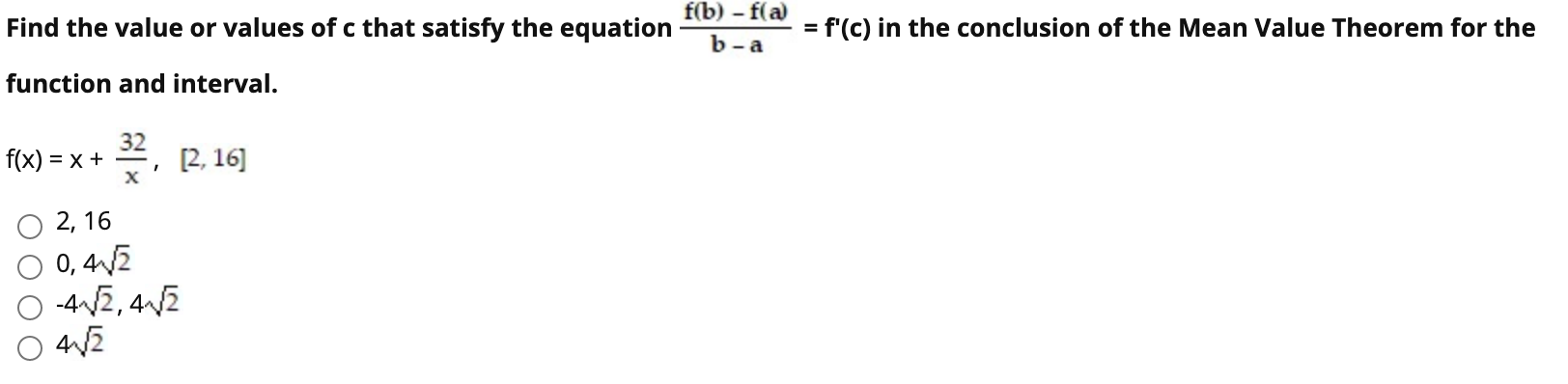 Solved f(b)-fla Find the value or values of c that satisfy | Chegg.com