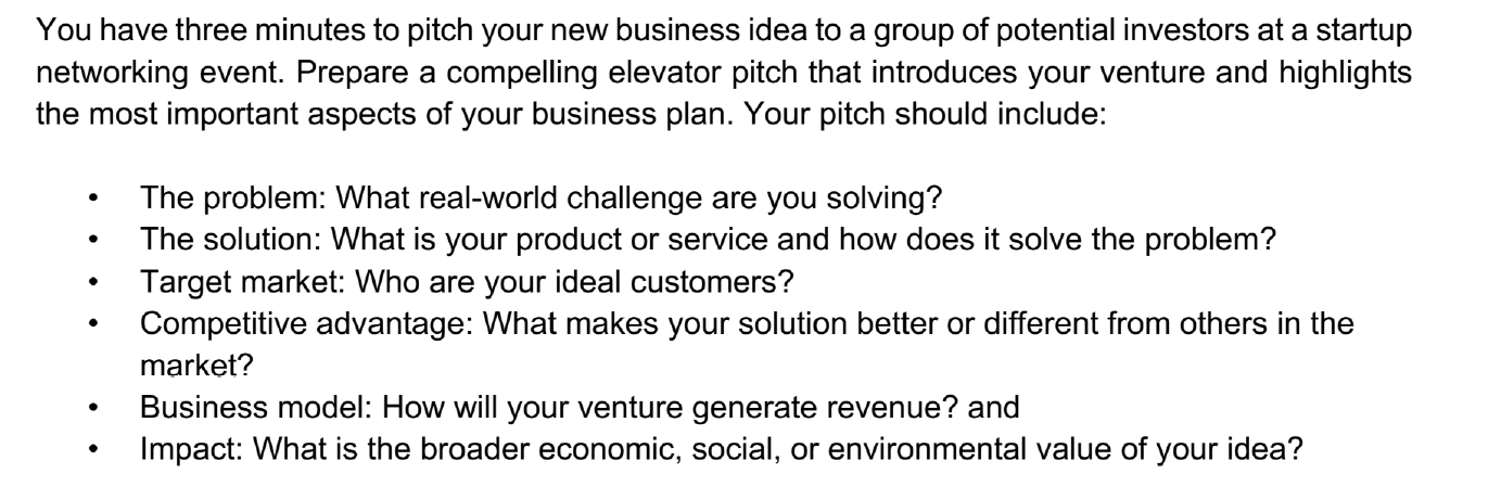 Solved You have three minutes to pitch your new business | Chegg.com