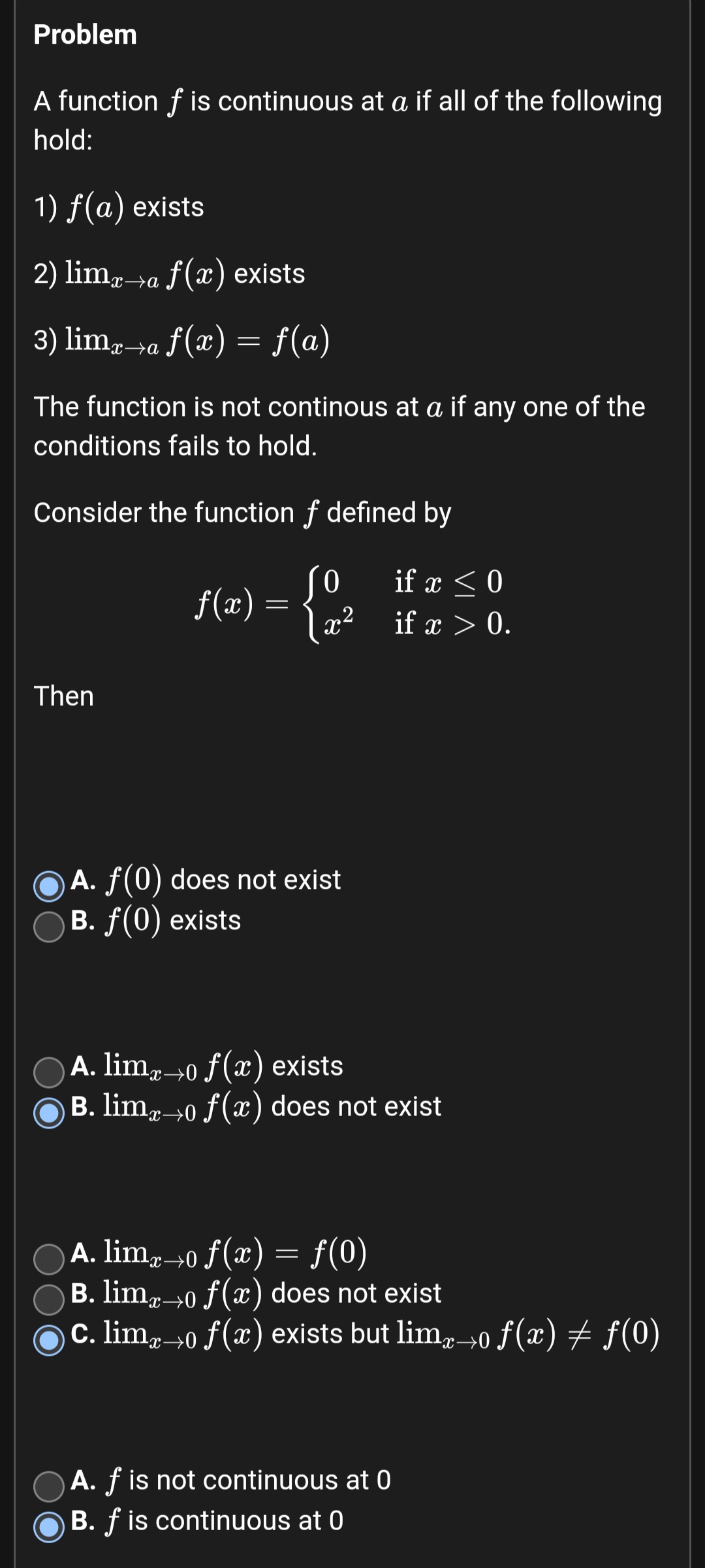 Solved Problem A function f is continuous at a if all of the | Chegg.com