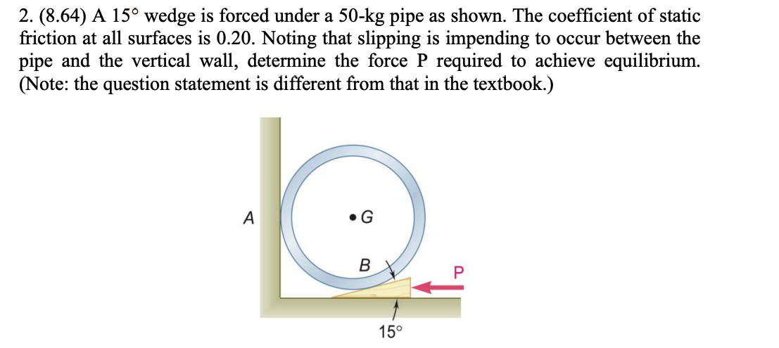 Solved 2. (8.64) A 15∘ wedge is forced under a 50−kg pipe as | Chegg.com