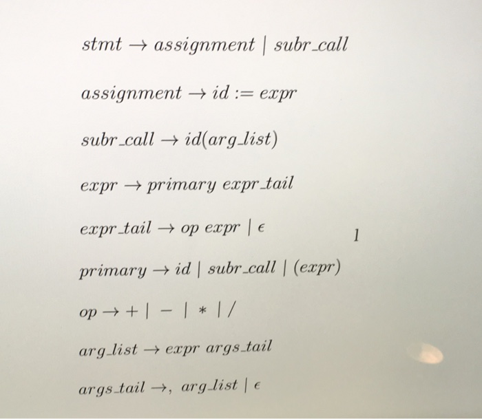 Solved stmt → assignment \ subr.call assignment → id := expr | Chegg.com