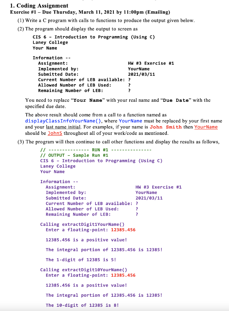 Solved 1. Coding Assignment Exercise #1 - Due Thursday, | Chegg.com