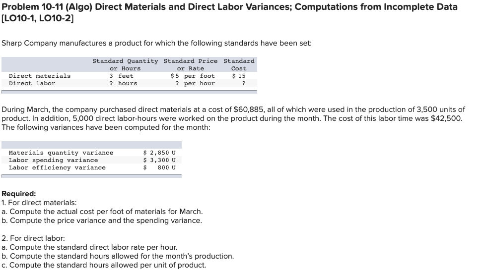Solved Problem 10-11 (Algo) Direct Materials and Direct | Chegg.com