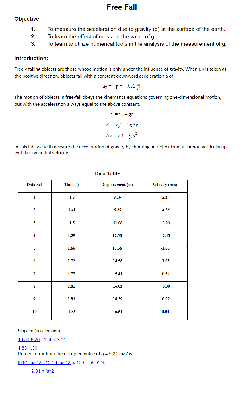 Solved Free Fall Objective: 1. 2. To measure the | Chegg.com