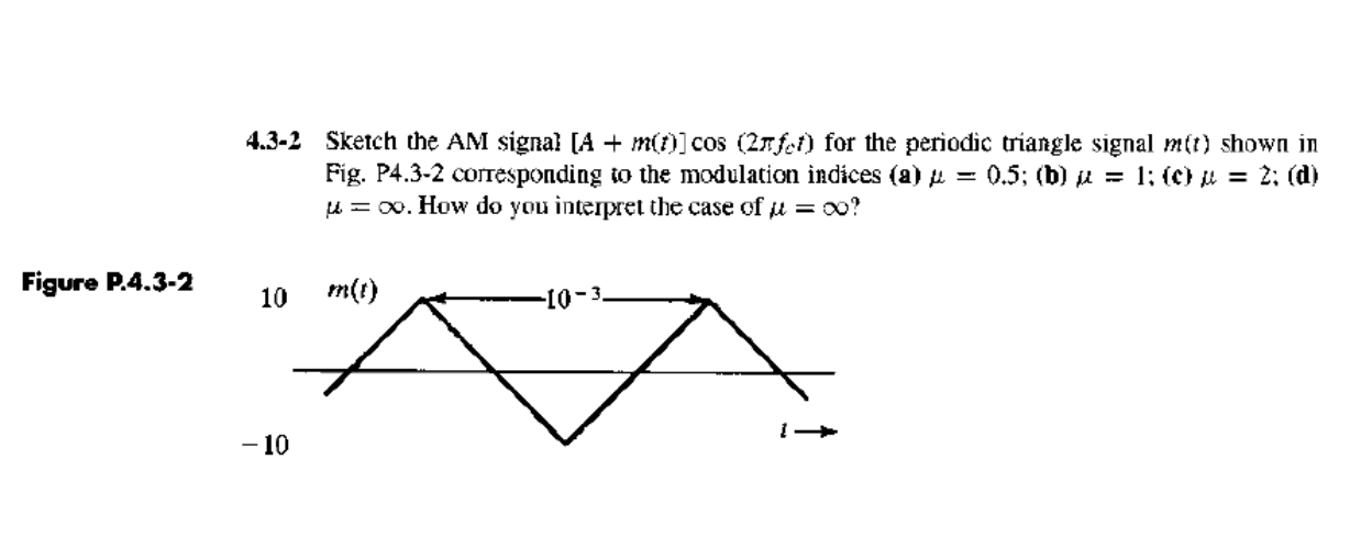 Solved 4.3-2 Sketch the AM signal [A + m(t)] Cos (20 fet) | Chegg.com
