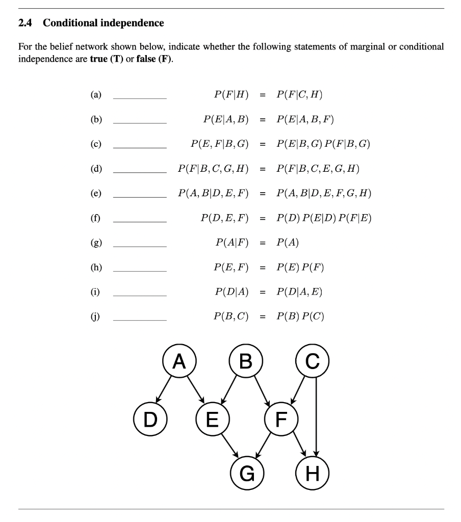 Solved 2.4 Conditional independence For the belief network | Chegg.com