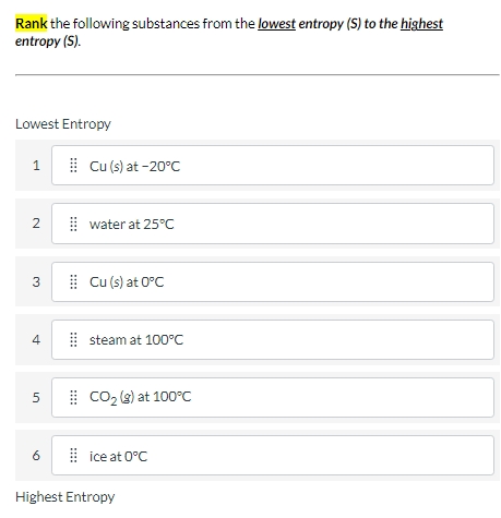 Solved Rank the following substances from the lowest entropy | Chegg.com