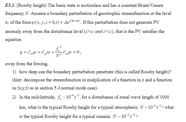 Solved E5.1. (Rossby height) The basic state is motionless | Chegg.com