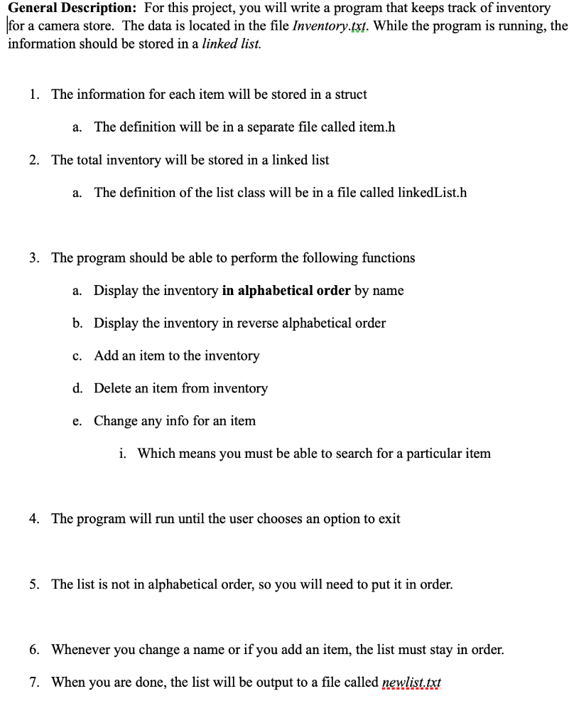Solved General Description: For this project, you will write | Chegg.com