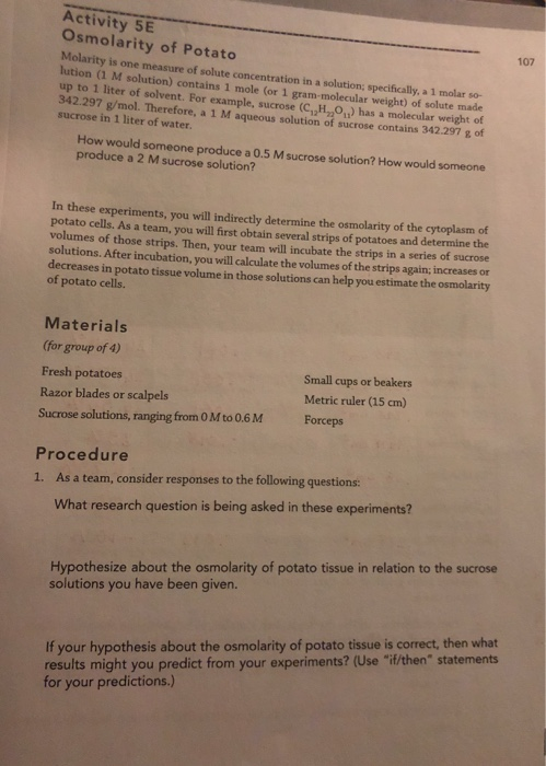 Solved Activity SE Osmolarity of Potato 107 Molarity is one | Chegg.com