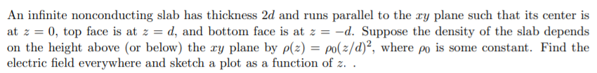 Solved An infinite nonconducting slab has thickness 2d and | Chegg.com