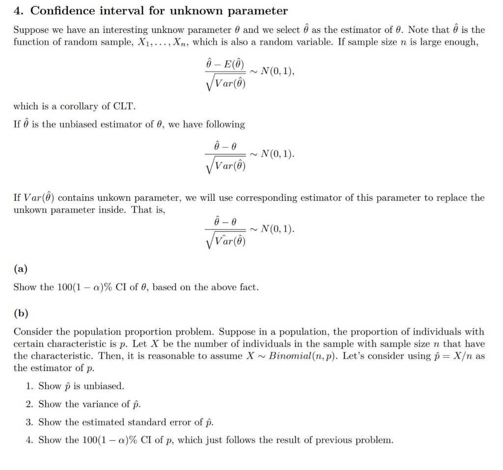Solved 4. Confidence interval for unknown parameter Suppose | Chegg.com