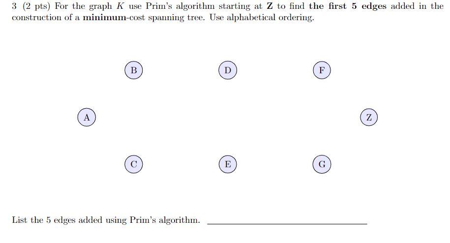 Solved 3 (2 pts) For the graph K use Prim's algorithm | Chegg.com