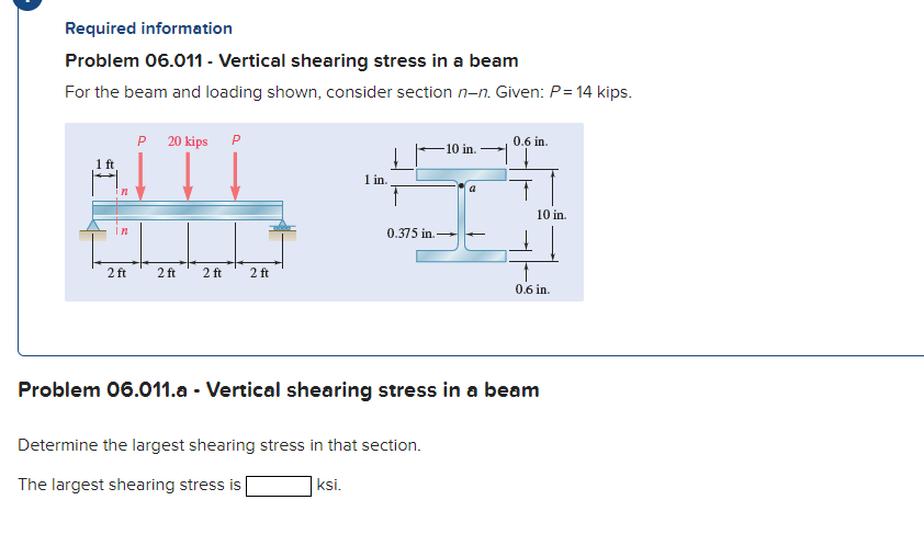 Solved Problem 06.011 - Vertical shearing stress in a beam | Chegg.com Solved Problem 06.011 - Vertical shearing stress in a beam | Chegg.com