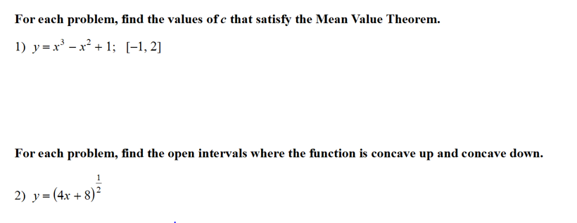 Solved For each problem, find the values of c that satisfy | Chegg.com